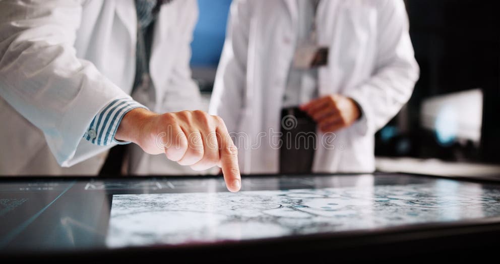 Scientist, Hands and Pointing with Screen for Lab Review, Medical ...