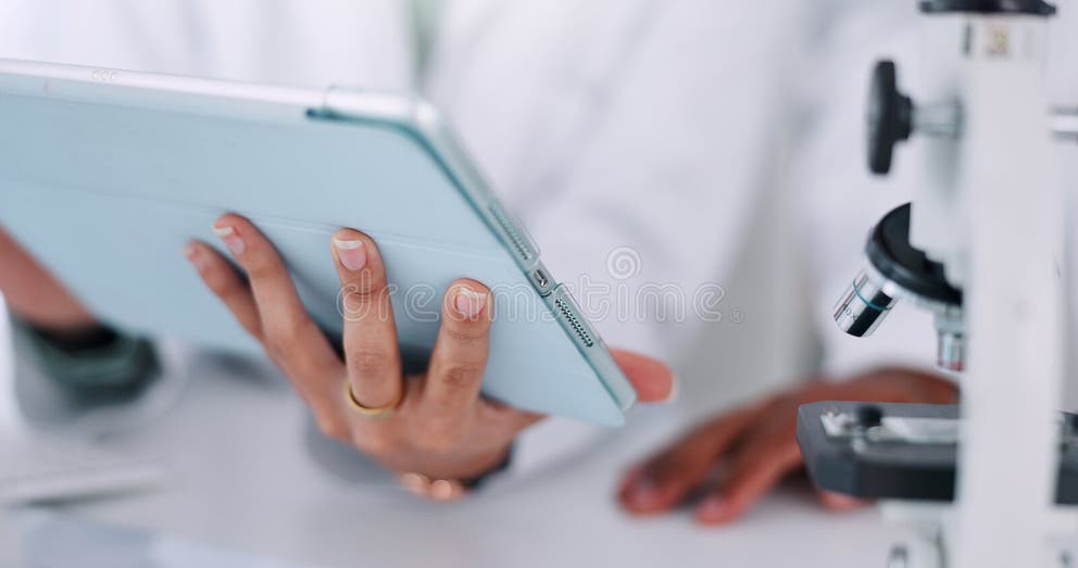 Scientist, Hands and Research with Tablet, Microscope and Lab for ...