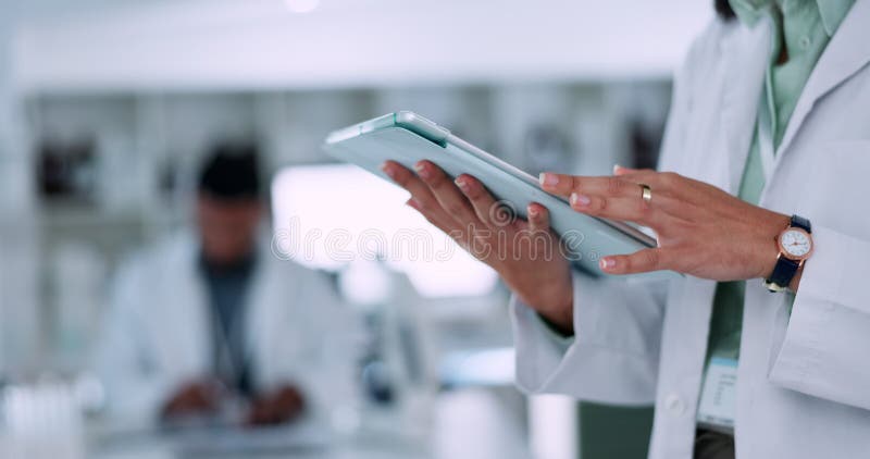 Scientist, Hands and Typing on Computer for Research Report and ...