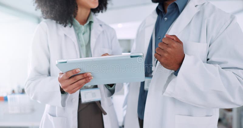 Scientist, Hands and Team with Tablet at Lab for Review, Results and ...