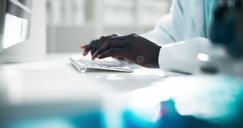 Scientist, Hands and Typing on Computer for Research Report and ...