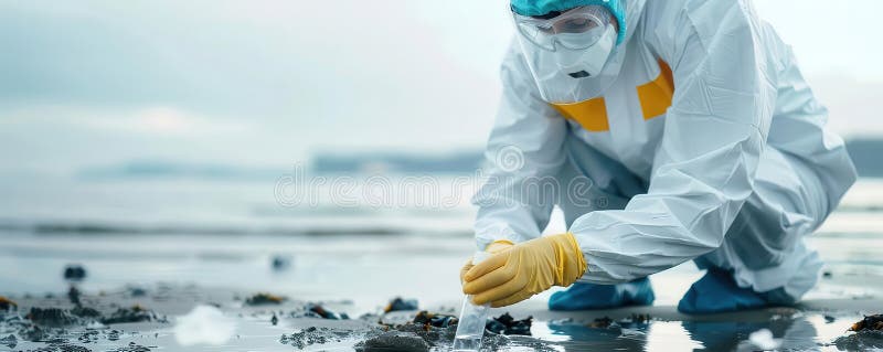 A Scientist in a Hazmat Suit Collects a Water Sample from a Polluted ...
