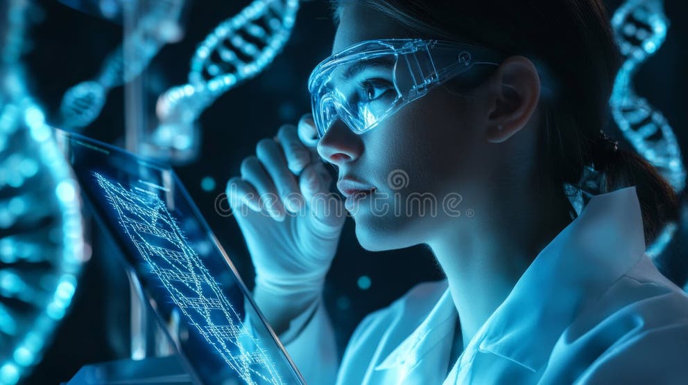 Scientist in High-Tech Biotech Lab Analyzing DNA with Advanced Equipment and Innovative ...