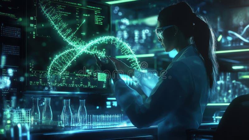 A Genetic Engineer in a Futuristic Lab Manipulating Floating DNA ...