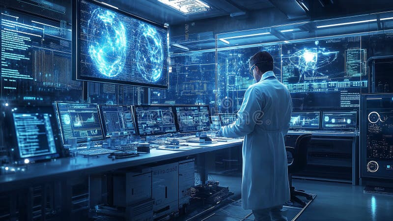 Scientist in High Tech Laboratory Analyzes Data on Multiple Screens. Ai ...