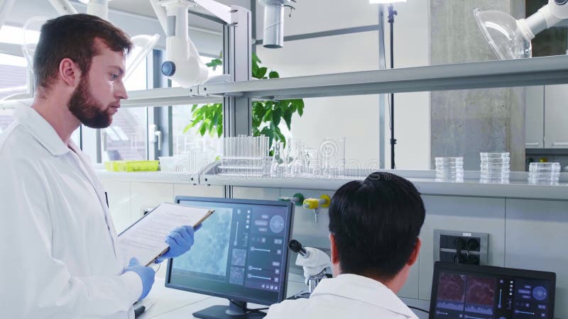 Scientist and His Assistant Working in Lab. Doctor Teaching Intern To ...