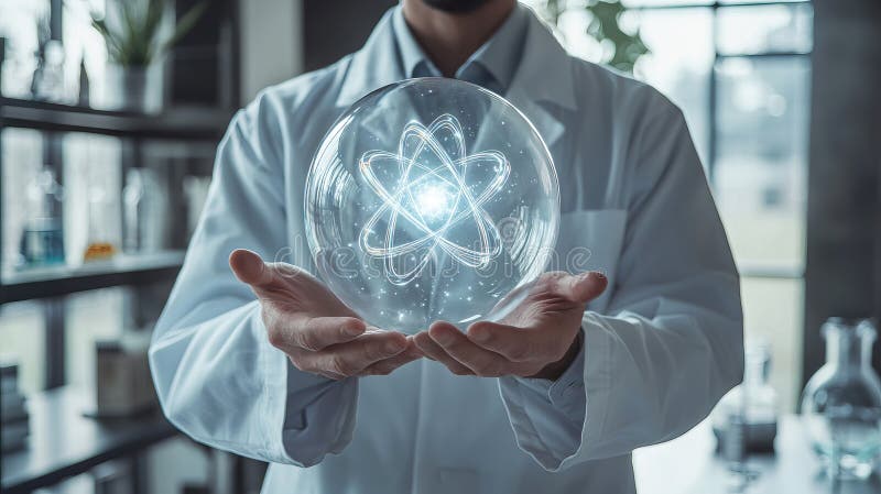 Scientist Holding Glowing Atom Sphere in Lab Concept of Quantum Science ...
