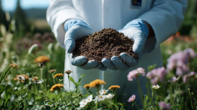 Scientist Holding Soil Sample in a Flower Field Stock Illustration ...
