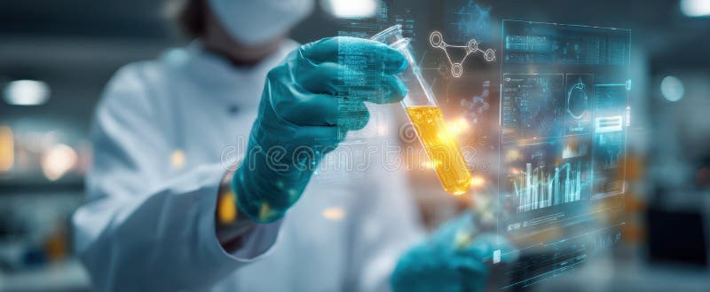 The Scientist Holding a Test Tube with Digital Data Visualization in a ...