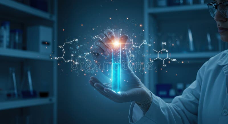 Scientist Holding a Test Tube with Glowing Blue Liquid, Surrounded by ...