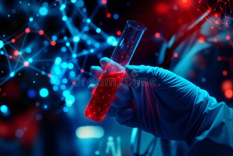 Scientist Holding Test Tube with Glowing Red Liquid and Molecular ...
