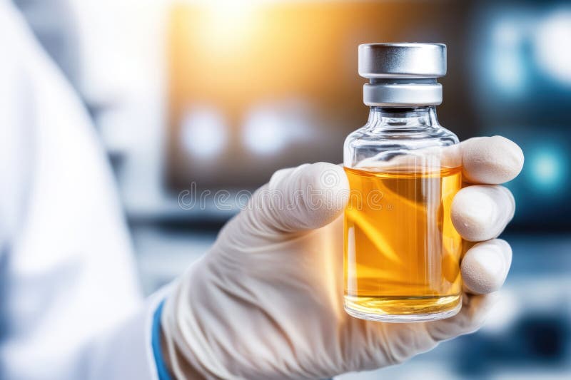 Scientist Holding Vial of Golden Liquid in Laboratory Setting Stock ...