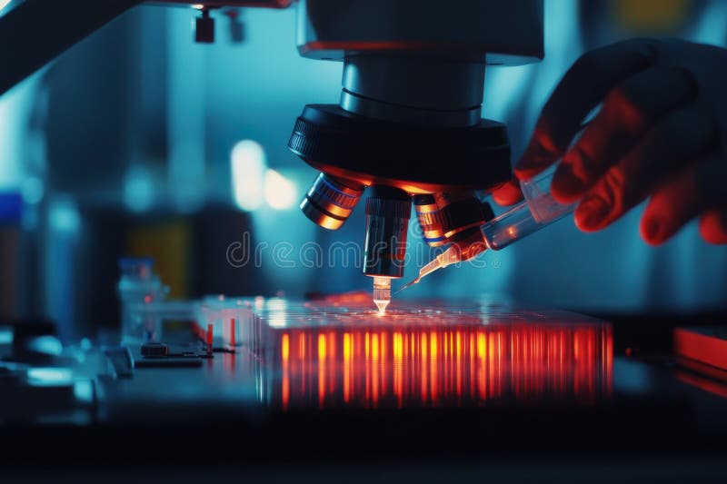 Scientist Injecting Liquid with Syringe in Laboratory Under Microscope ...