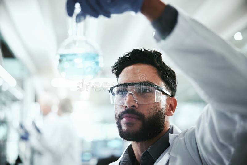 Scientist, Inspection and Man with Beaker in Lab for Research, Solution ...