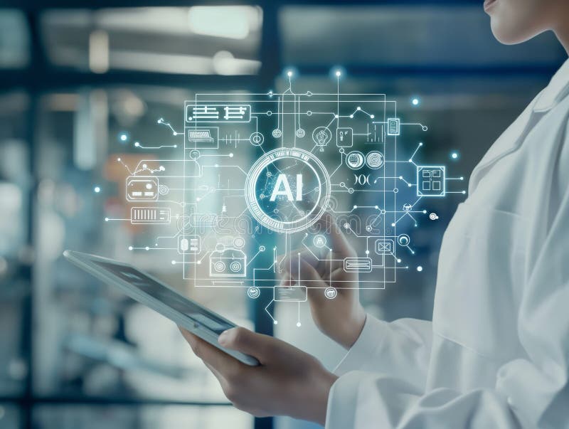 Scientist Interacting with AI Interface on Tablet Stock Illustration ...