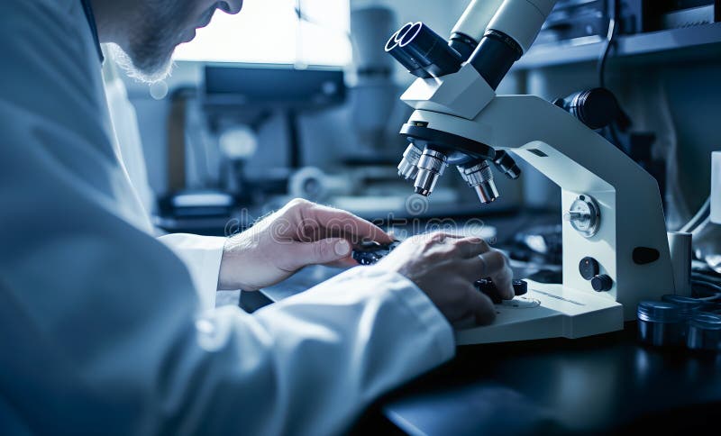 Scientist Investigating with His Microscope in a Laboratory. Concept of ...