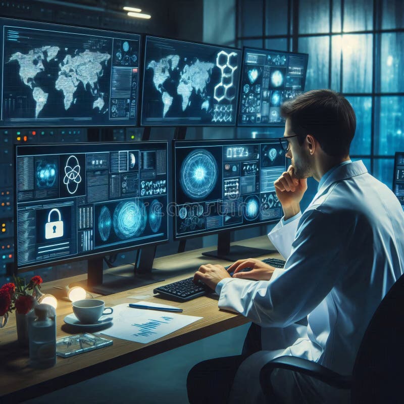 A Scientist in a Lab Coat Analyzes Data on Multiple Monitors Displaying ...