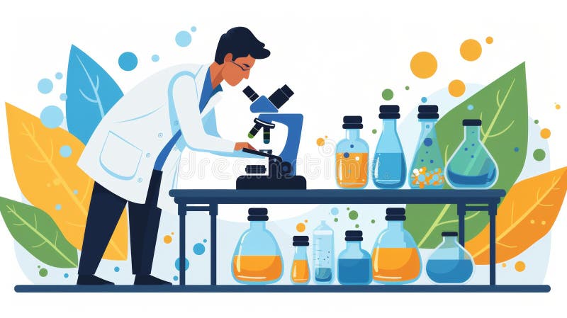 Scientist in Lab Coat Conducting Microscope Experiment Surrounded by ...