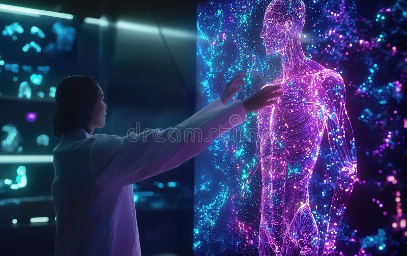 A Scientist Interacts with a Glowing Holographic Human Figure in a High ...