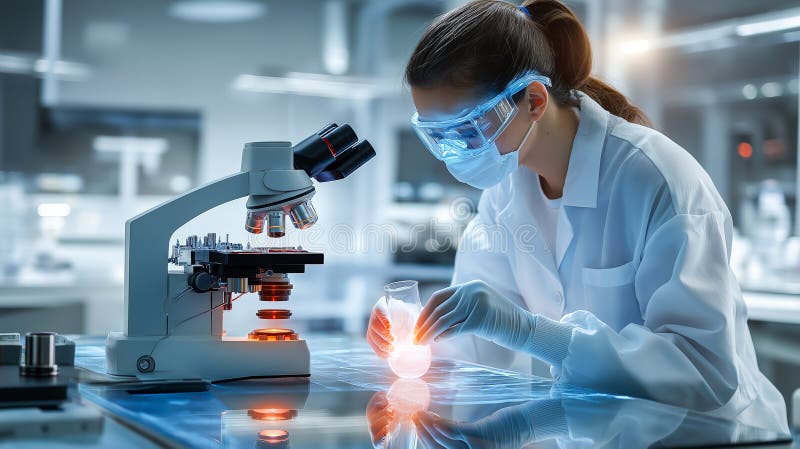 Scientist in Lab Coat Examines Bioengineered Cells Under Microscope ...