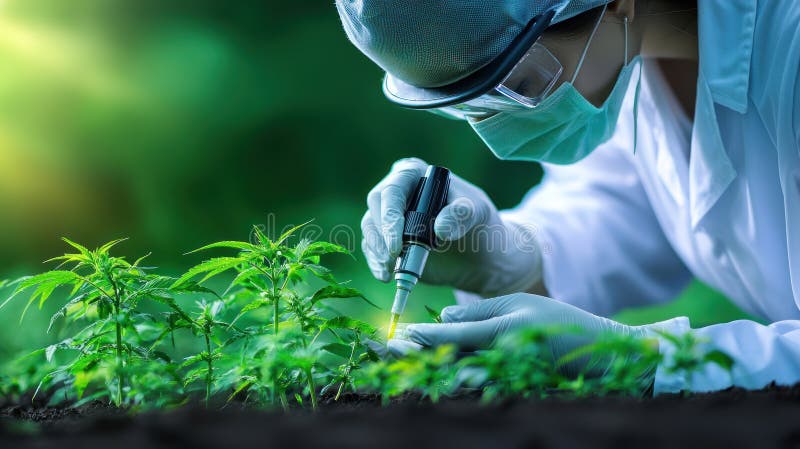 Scientist in Lab Coat Examines Plants with Microscope, Showcasing ...