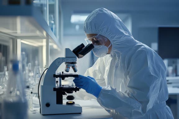 Scientist in Lab Coat Examining Sample Under Microscope Stock Image ...