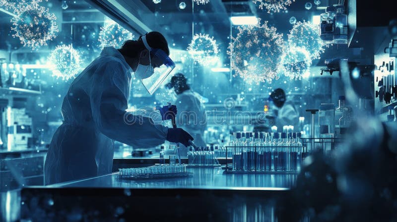 A Scientist in a Lab Coat and Face Shield Works on a Test Tube, with a ...