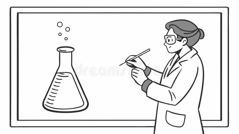 Scientist in Lab Coat with Flask and Beaker, Chemistry Work Vector ...