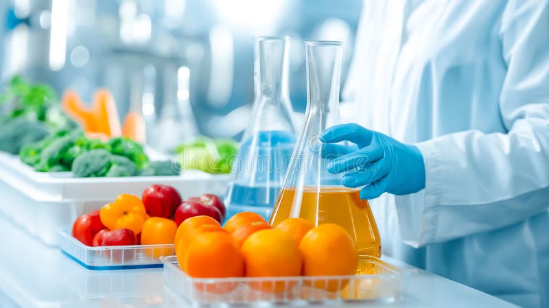 A Scientist in a Lab Coat and Gloves Performs Tests Using Oranges and ...