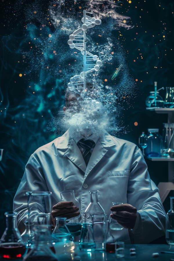 Scientist in a Lab Coat Head Transforming into a DNA Helix and Bubbling ...