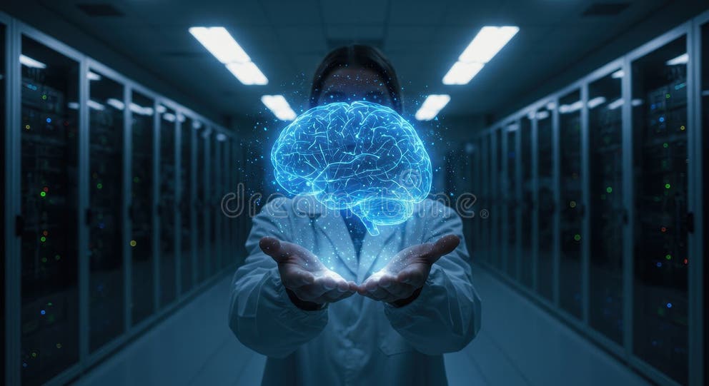 Scientist in Lab Coat Holding a Glowing Holographic Brain, Showcasing ...