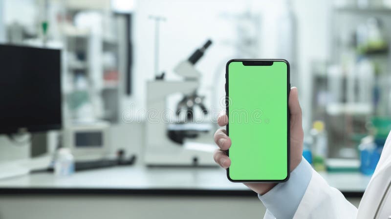 Scientist in Lab Coat Holding Smartphone with Green Screen in Modern ...