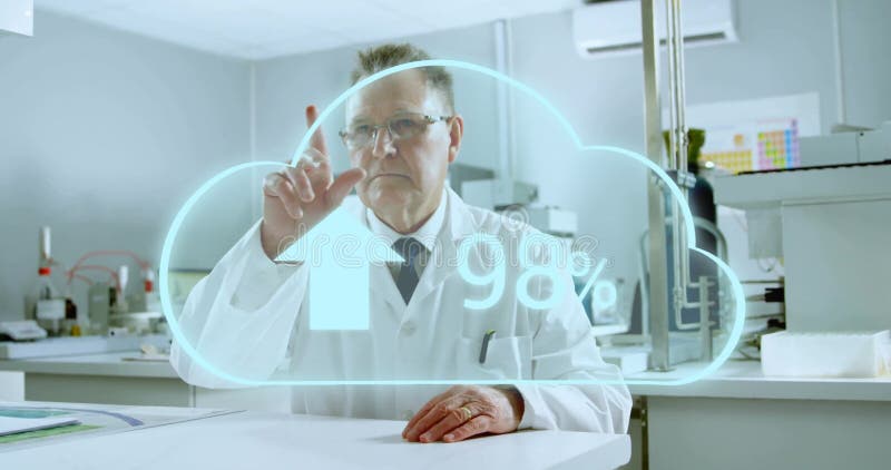 Scientist in Lab Coat Interacting with Cloud Upload Animation in ...