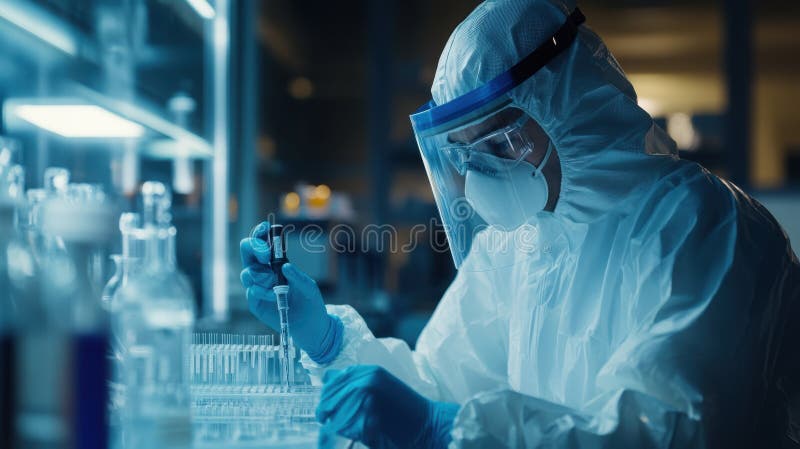 A Scientist in a Lab Coat and a Mask is Working on a Project Stock ...