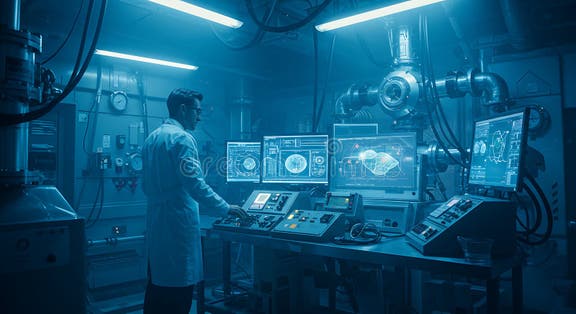 A Scientist in a Lab Coat Operates Advanced Computer Equipment in a ...