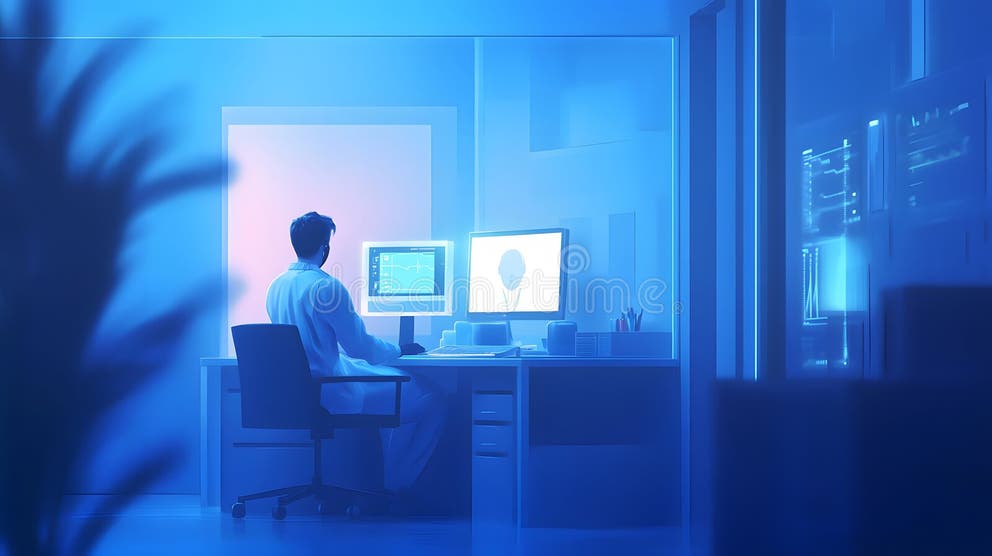 Scientist Working Late at Night in a Blue Lit Lab Brain Scan and Code ...