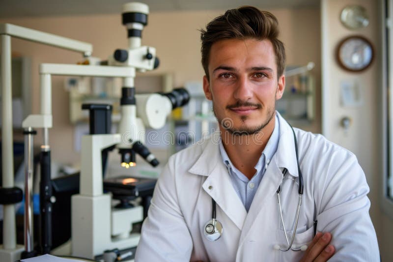 A Scientist in a Lab Coat Sits at a Microscope, Surrounded by ...