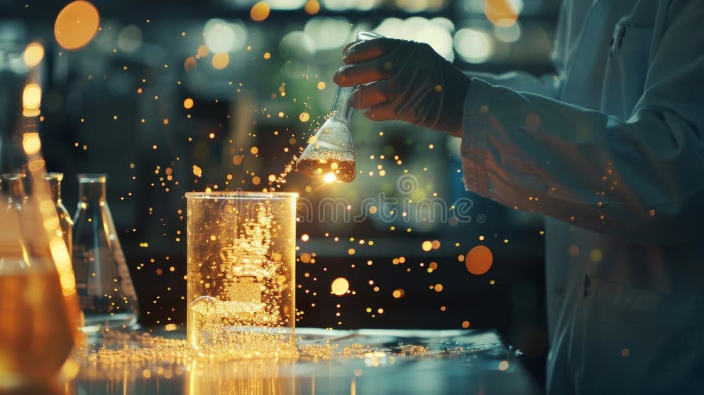 A Scientist in a Lab Coat Stirring a Bubbling Beaker Filled with ...