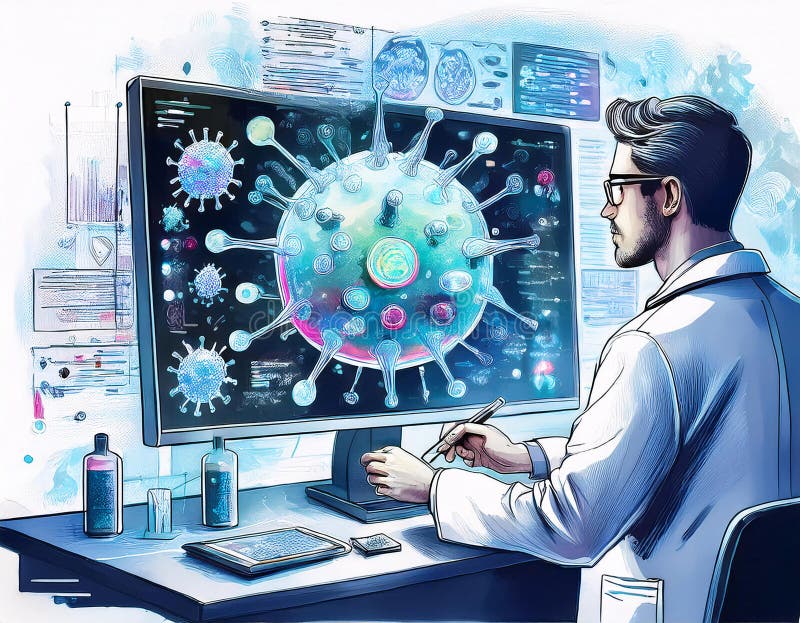 A Scientist in a Lab Coat Studies a Detailed 3D Model of a Virus on a ...