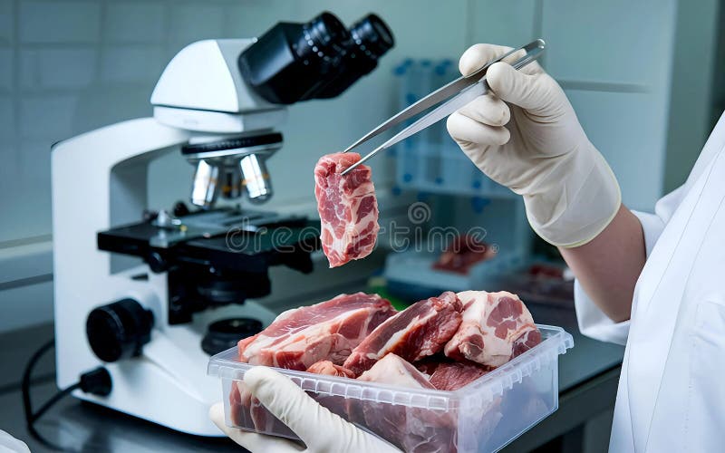 A Scientist in a Lab Coat Uses Tweezers To Examine Raw Pork Under a ...