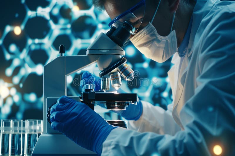 Scientist in Lab Coat Using Microscope Researching Molecules in a ...