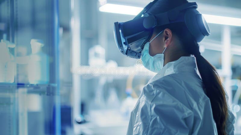 Scientist in Lab Coat Using Virtual Reality Headset in High-Tech Lab ...