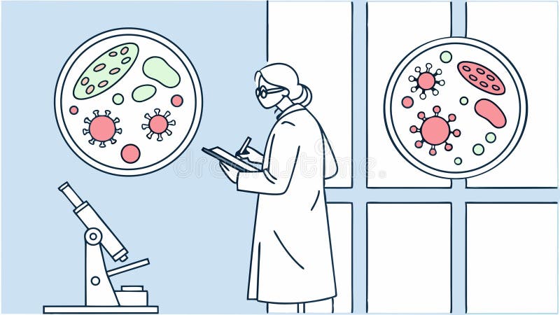 A Scientist in a Lab Coat Working with a Microscope and Samples. Vector ...