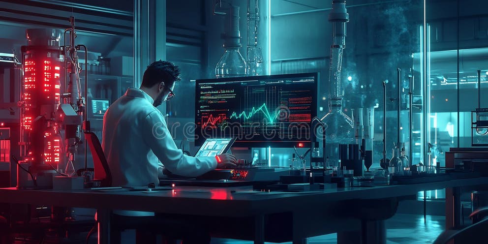 A Scientist in a Lab Coat Works at a Computer Displaying Graphs ...