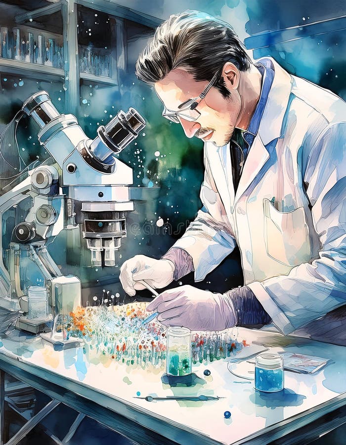 A Scientist in a Lab Coat Works with Samples Under a Microscope ...