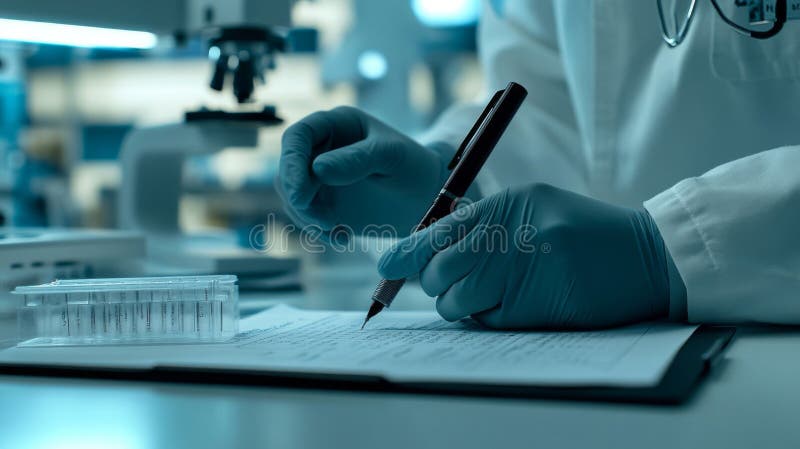 Scientist in Lab Coat Writes Notes in Laboratory Setting Stock ...