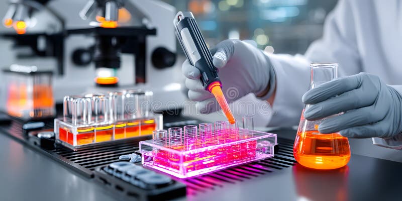 A Scientist in a Lab Conducts Experiments Using Test Tubes and Pipettes ...