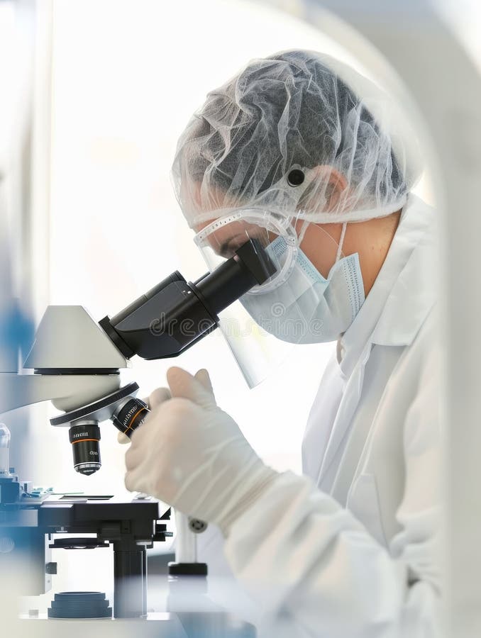 Scientist in Lab Gear Meticulously Examines Samples Under a Microscope ...