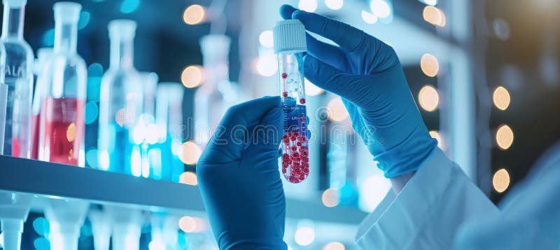 Scientist in Lab Medicine Research Holding Vials with Blood and Virus ...