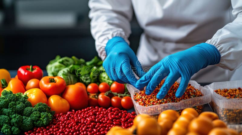 Scientist in Lab Sorting Vegetables and Seeds with Gloves Stock ...